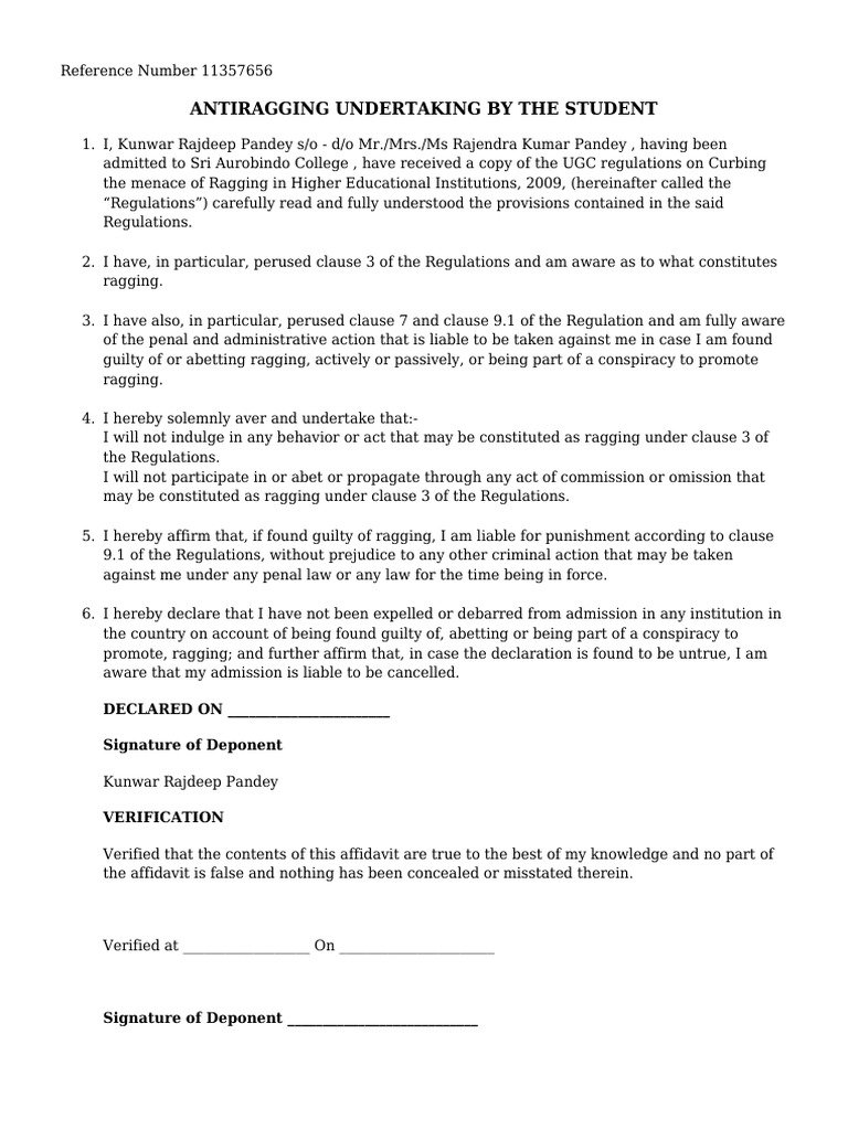 Antiragging Undertaking for Students | PDF | Affidavit