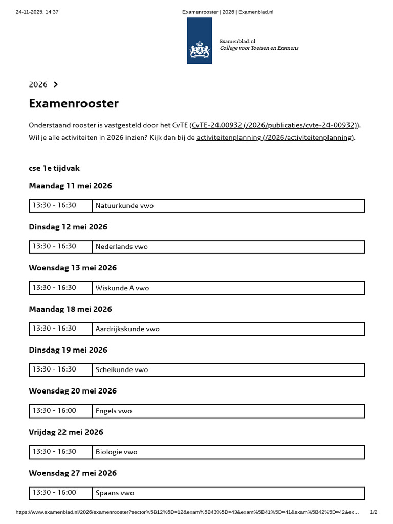 Examenrooster - 2026 - Examenblad - NL | PDF