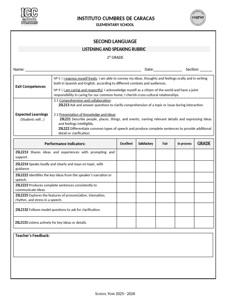 2º Grade Rubric SL-SC Listening and Speaking 60 Copies | PDF