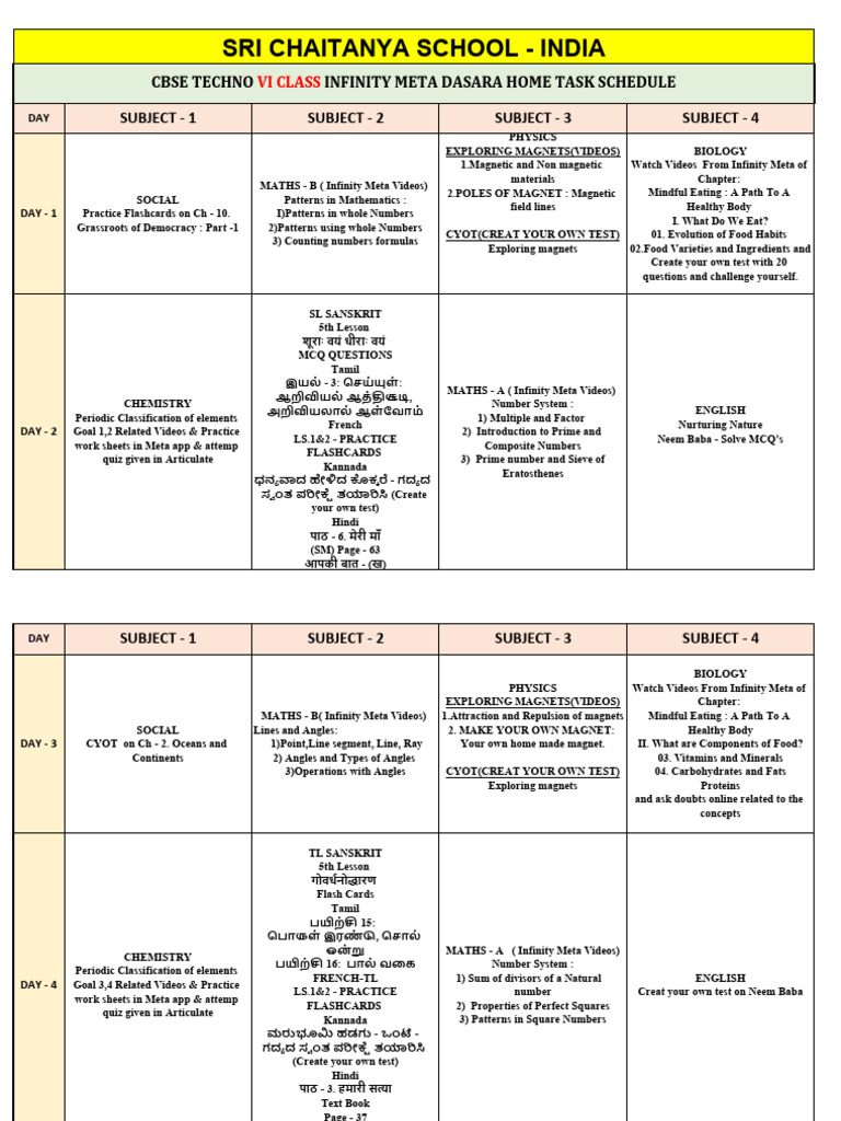Cbse Techno Vi Class Dasara Home Task Schedule in Infinity Meta-1 | PDF