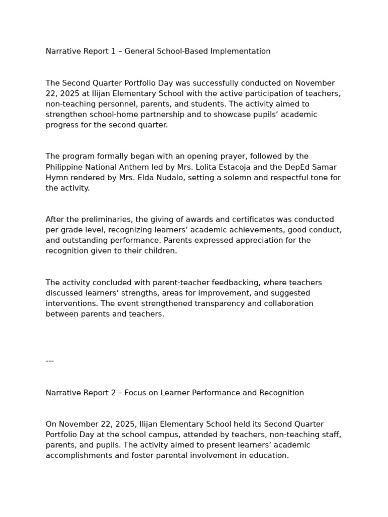 Second Quarter Portfolio Day Report | PDF | Teachers | Collaboration