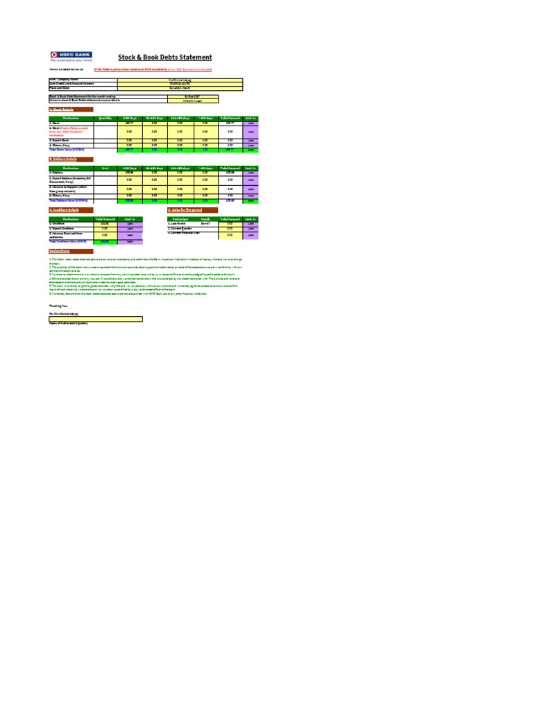 New Stock Statement Format as Per Bank Policy for WC.xls | PDF ...