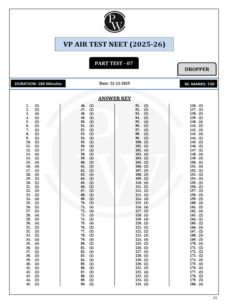 VP Air Part Test 07 Dropper Neet 2025 21-12-2025 Answer Key & Solution ...