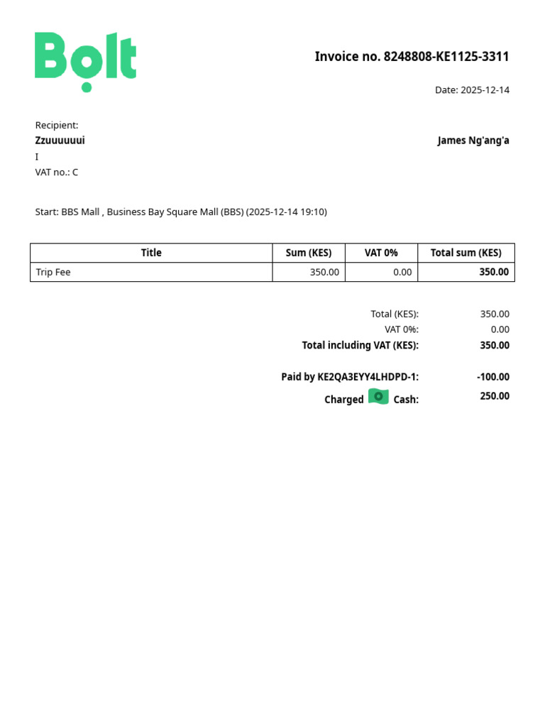 Ride Invoice From Bolt | PDF