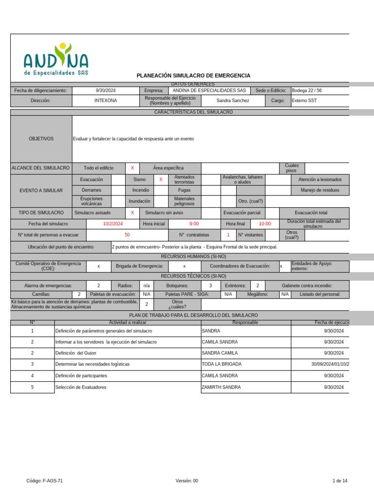 Simulacro de Emergencia en Andina SAS | PDF | Simulación