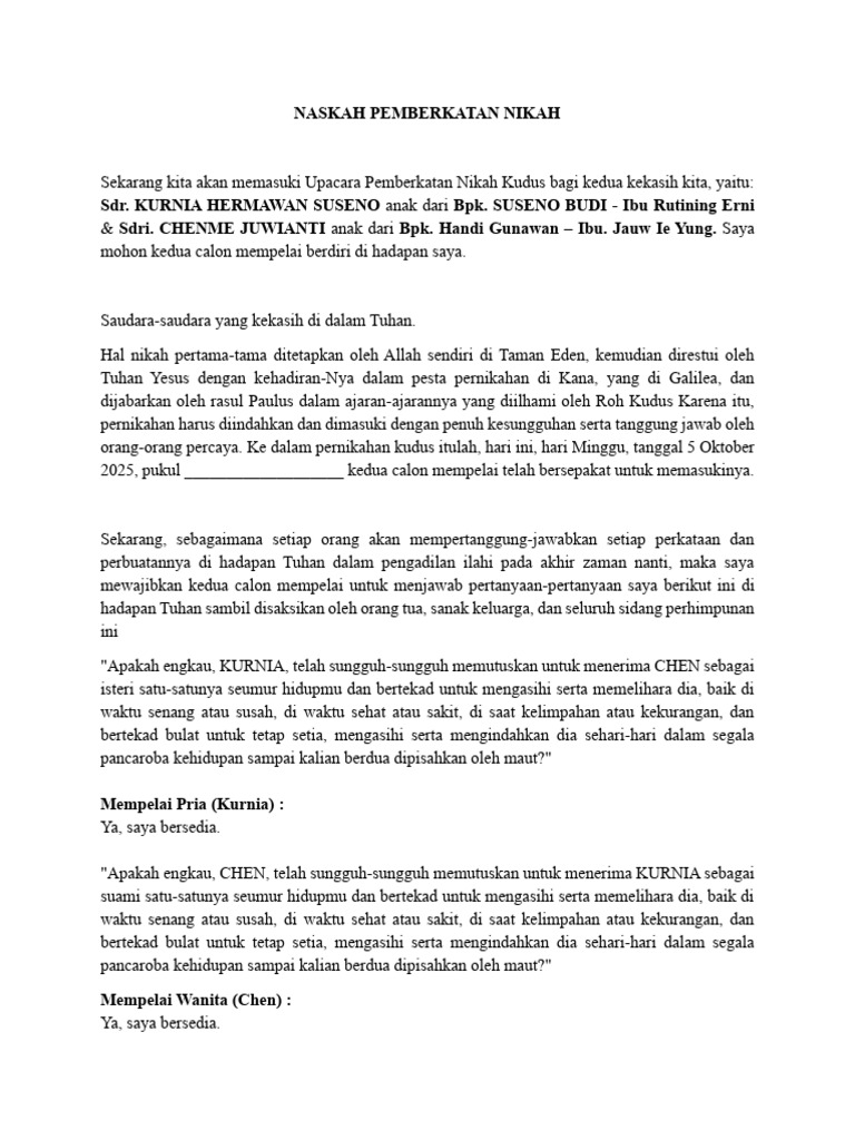 Pemberkatan Nikah Kurnia dan Chen | PDF