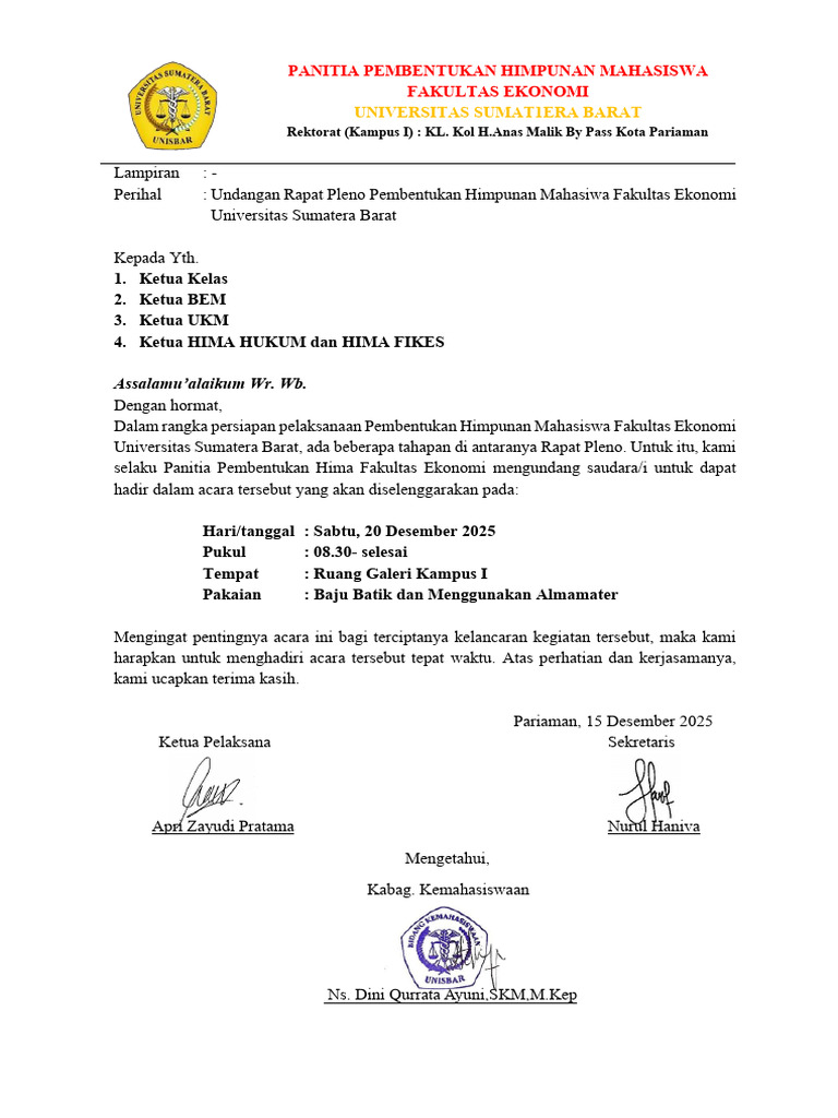 Surat Undangan Rapat Pleno Hima Fekon Unisbar | PDF
