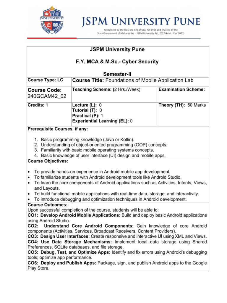 Syllabus Foundations of Mobile Application Lab | PDF | Android (Operating System) | Mobile App