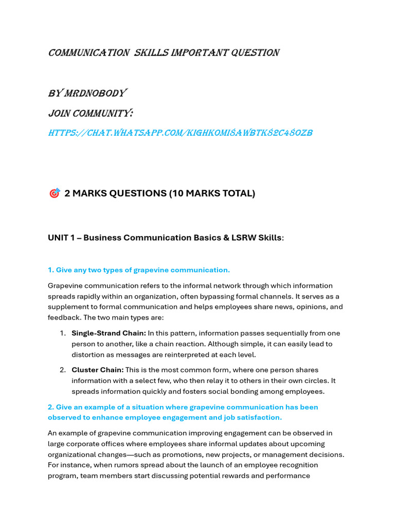COMMUNICATION SKILLS EST Important All Unit Questions by MrDnobody ...