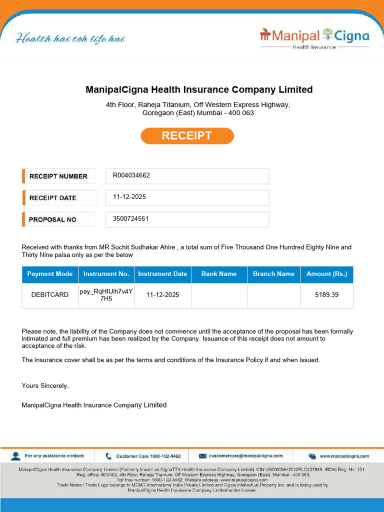 Receipt: Manipalcigna Health Insurance Company Limited | PDF