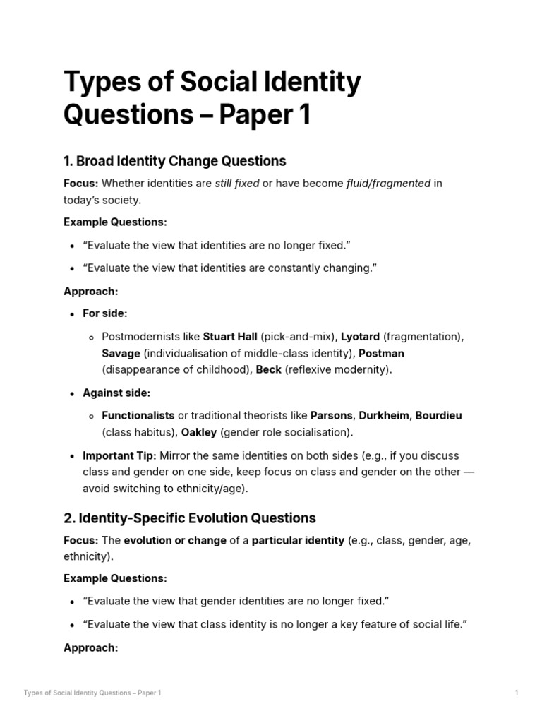 Types of Social Identity Questions | PDF | Sociological Theories ...