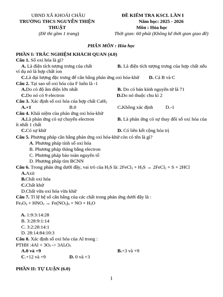 Đề Kiểm Tra Oxh-khử Hóa 8 | PDF