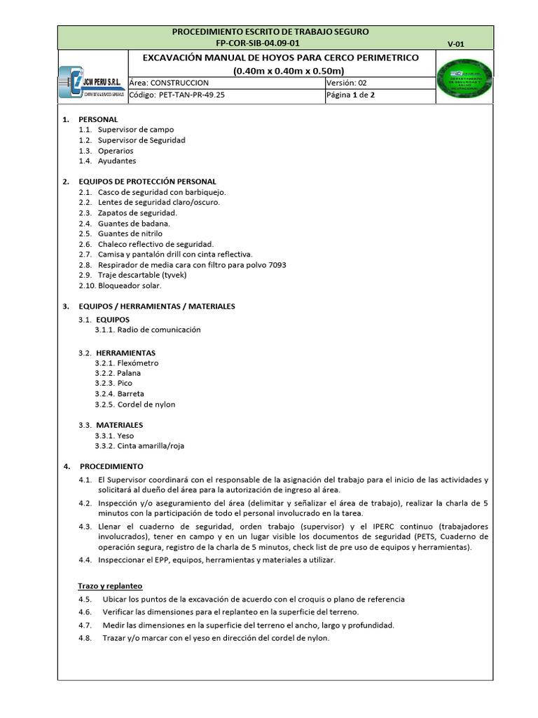 PET-TAN-PR-49.25 EXCAVACIÓN MANUAL DE HOYOS PARA CERCO PERIMETRICO (0 ...