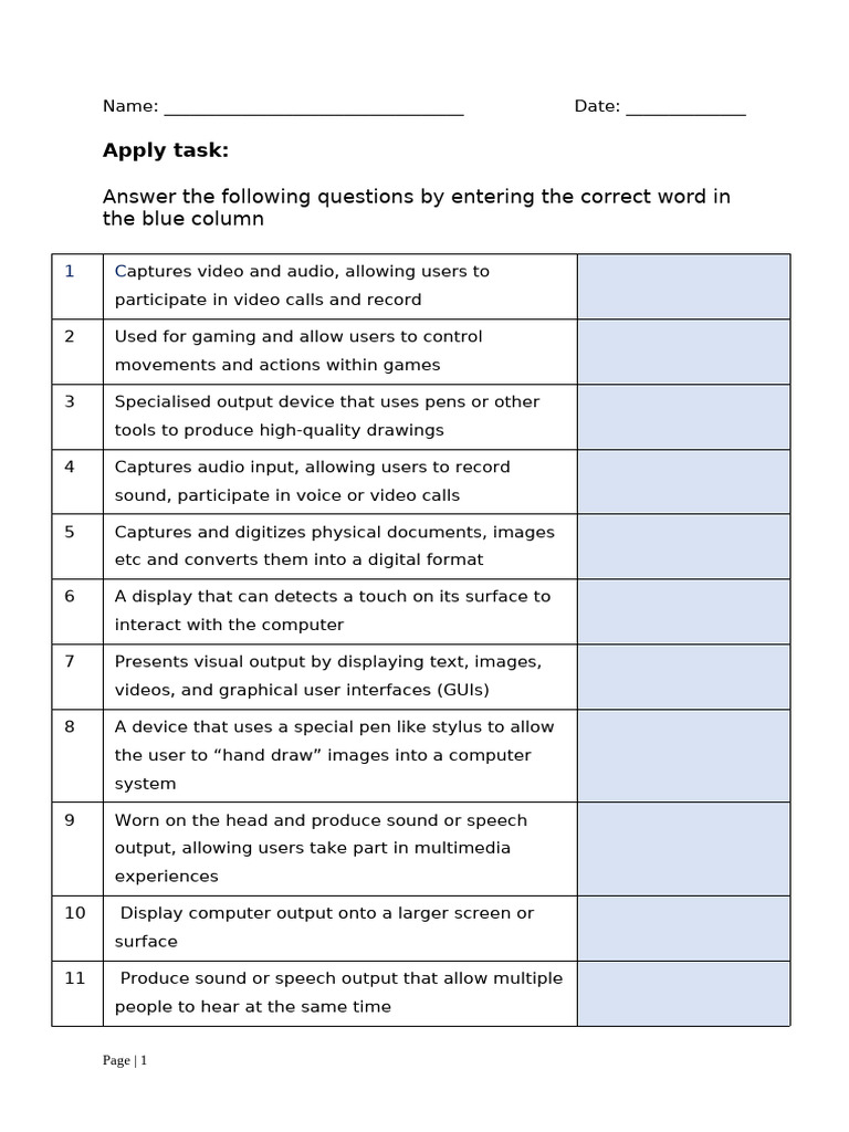 Input/Output Device Quiz Worksheet | PDF | Human Communication ...
