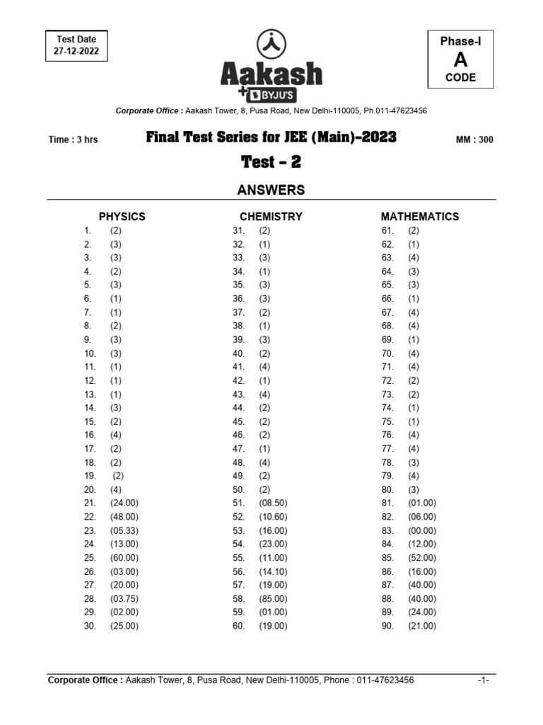 FTS_Test-2_(Code-A)_JEE (Main)-2023 (27-12-2022) Sol | PDF | Chemistry ...