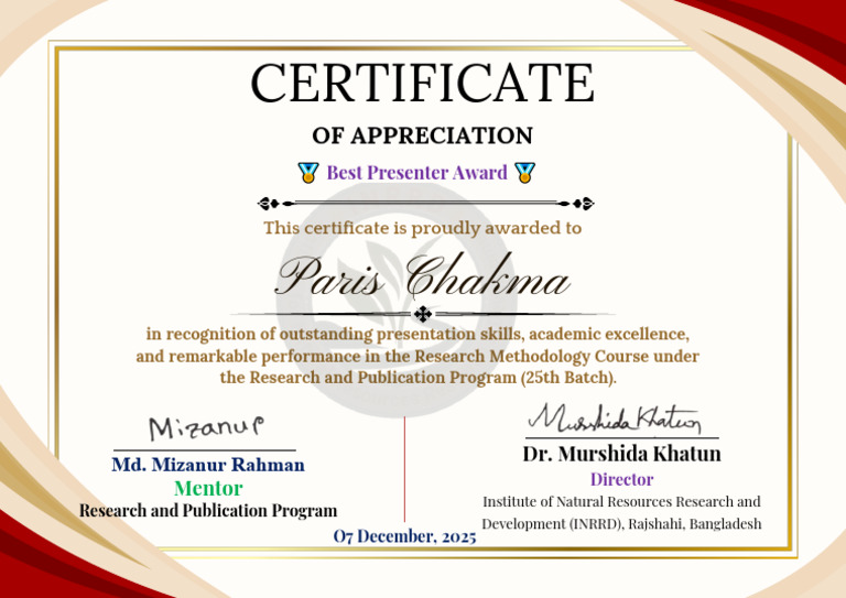 Best Presenter Award Certificate | PDF