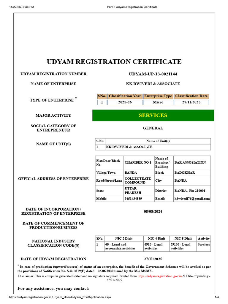 Print _ Udyam Registration Certificate KK ... | PDF