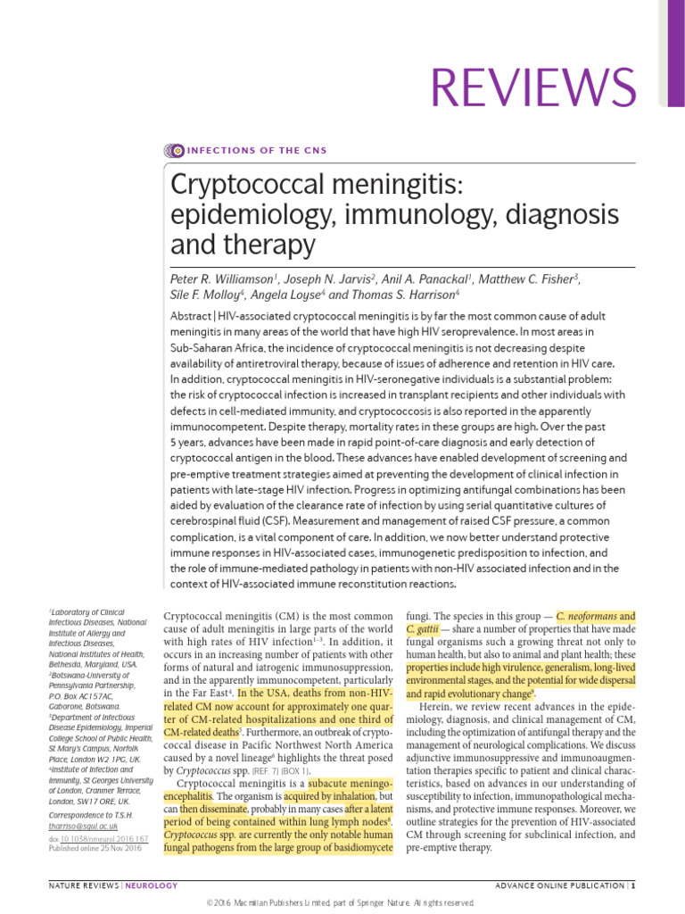 Cryptococcal Meningitis: Epidemiology & Treatment | PDF | Meningitis ...