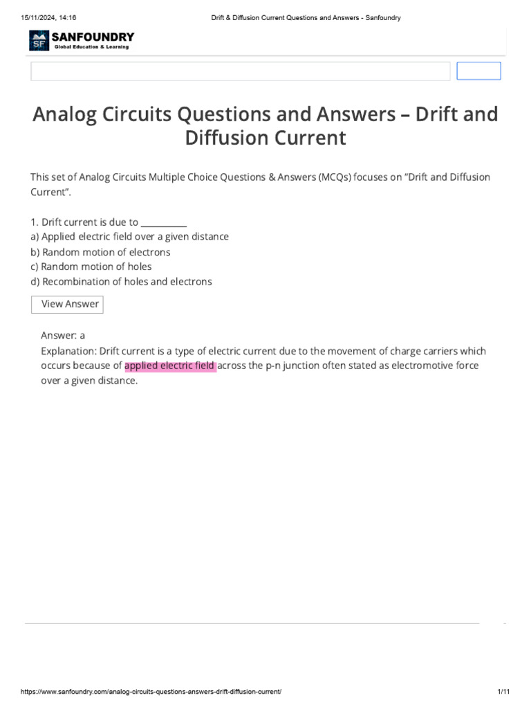 Drift and Diffusion Current MCQs | PDF | Electric Current | Diffusion