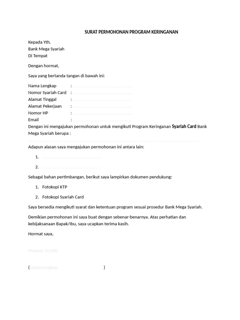 Draft Surat Permohonan Program Keringanan | PDF