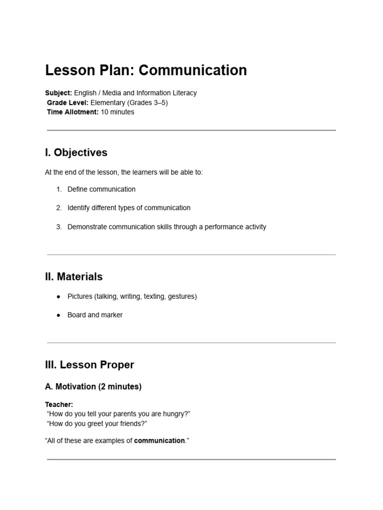 Communication Lesson Plan for Grades 3-5 | PDF