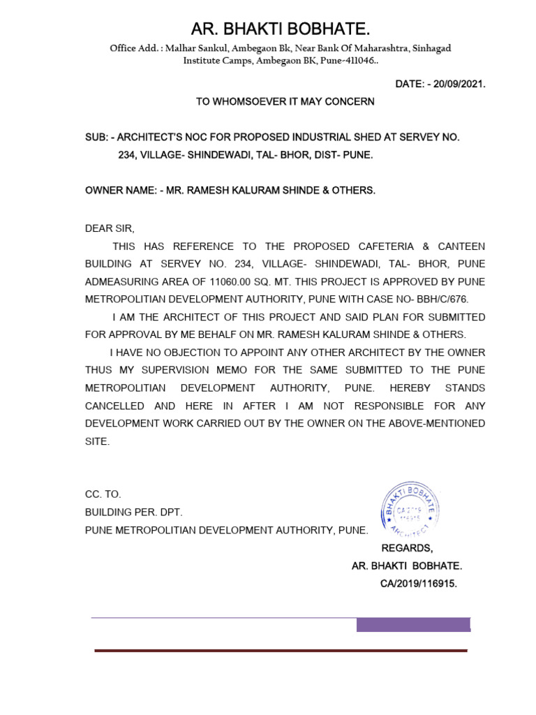 Architect's NOC for Industrial Shed Pune | PDF