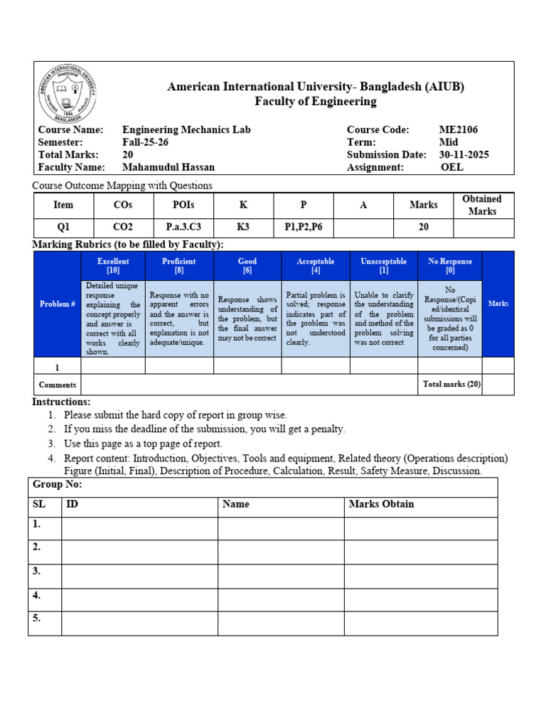 AIUB Engineering Mechanics Lab Assignment | PDF