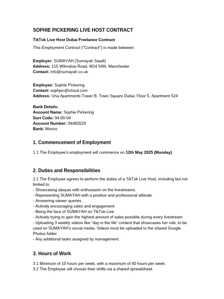 Sophie Pickering Live Host Contract | PDF | Employment | Salary