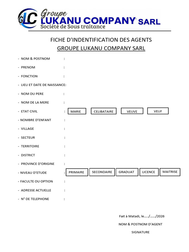 Fiche d'identification des agents LUKANU | PDF