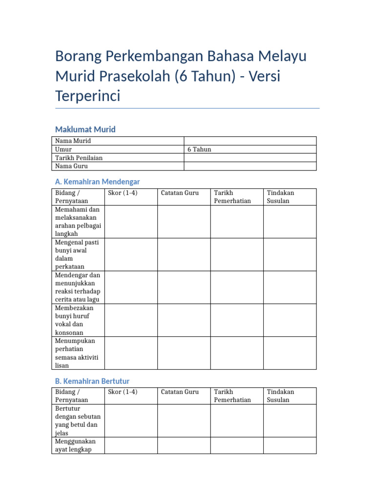 Borang Perkembangan Bahasa Melayu 6tahun Terperinci | PDF