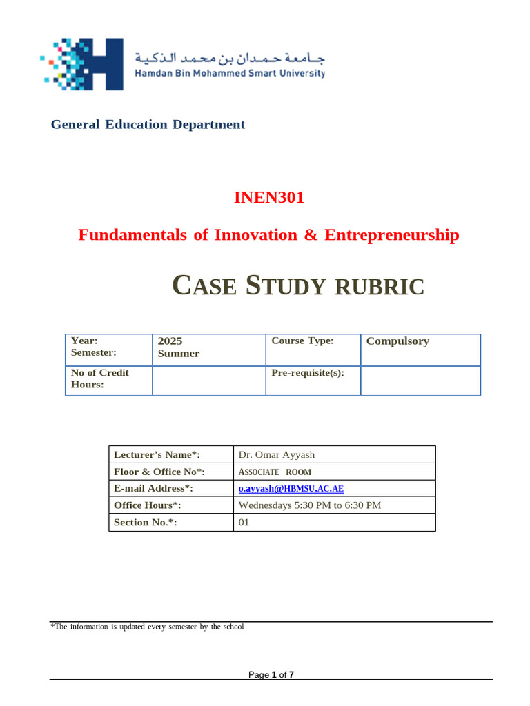 Self Paced (Case Study) Rubric Summer 2025 | PDF | Entrepreneurship ...