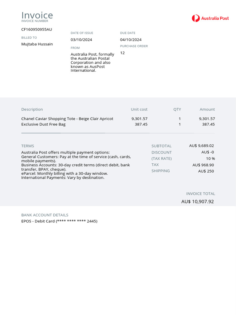 Australian Invoice With Dust Bag | PDF