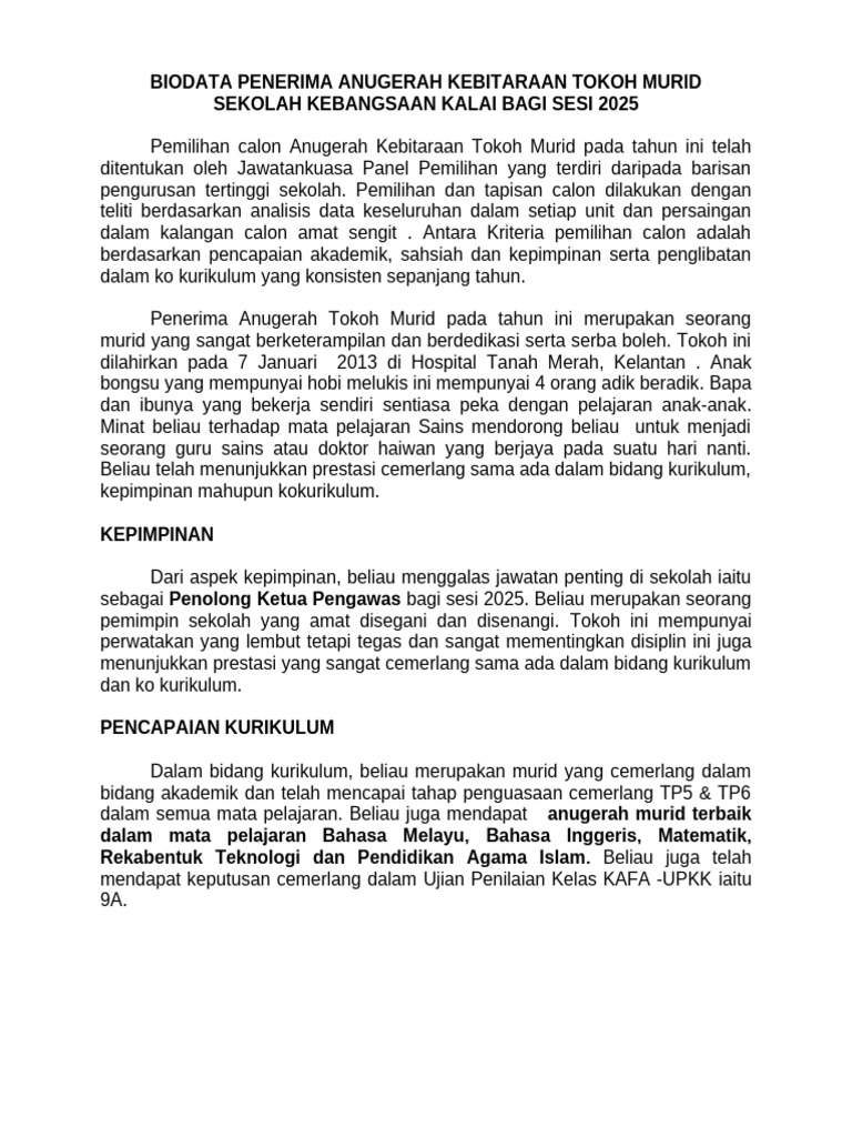 Biodata Penerima Anugerah Kebitaraan Tokoh Murid 2025 | PDF