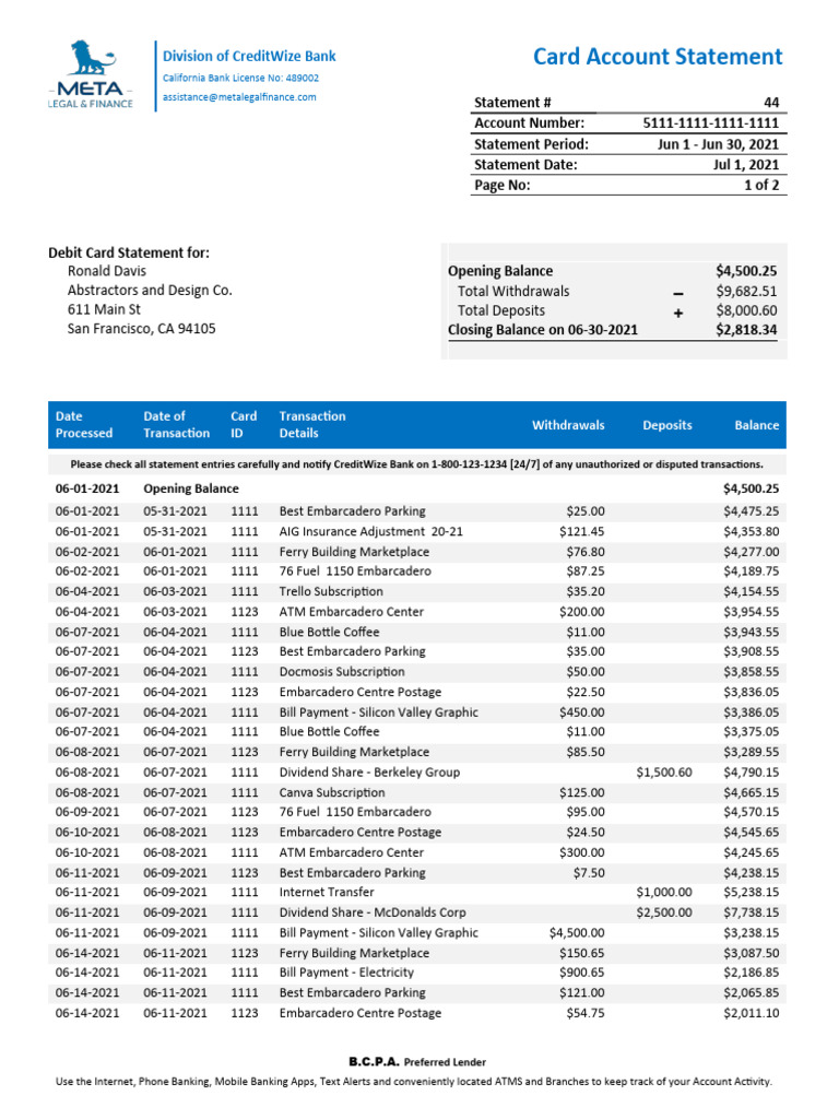 CreditWize Bank Debit Card Statement | PDF | Banks | Debit Card