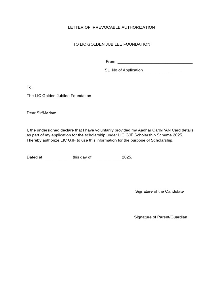 Irrevocable Authorization for LIC Scholarship | PDF