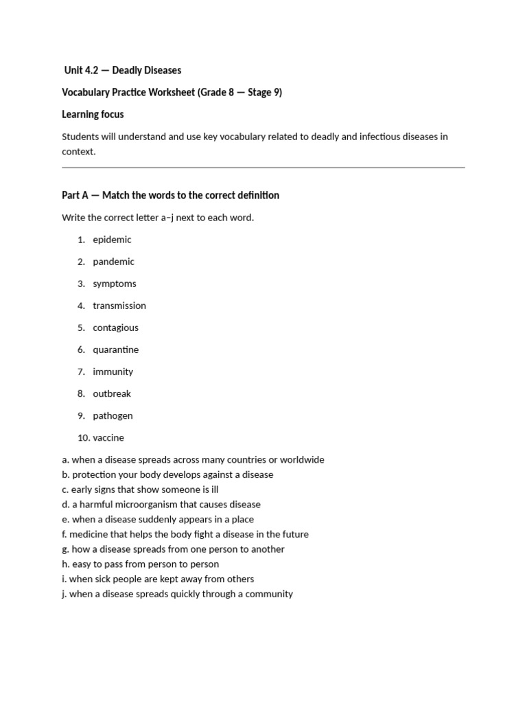 Unit 4.2 Deadly Diseases Worksheet | PDF | Infection | Epidemics
