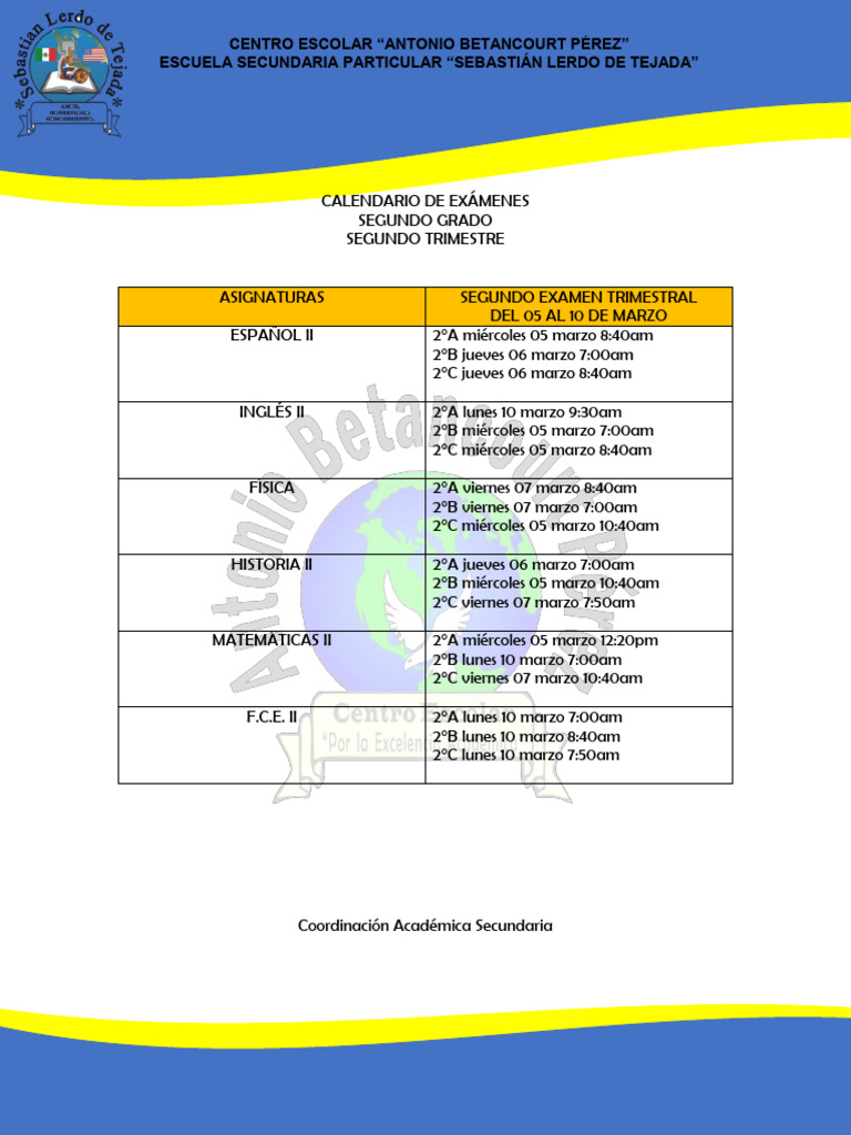 Calendario Ex-menes 2do Trimestre Segundo (1) | PDF