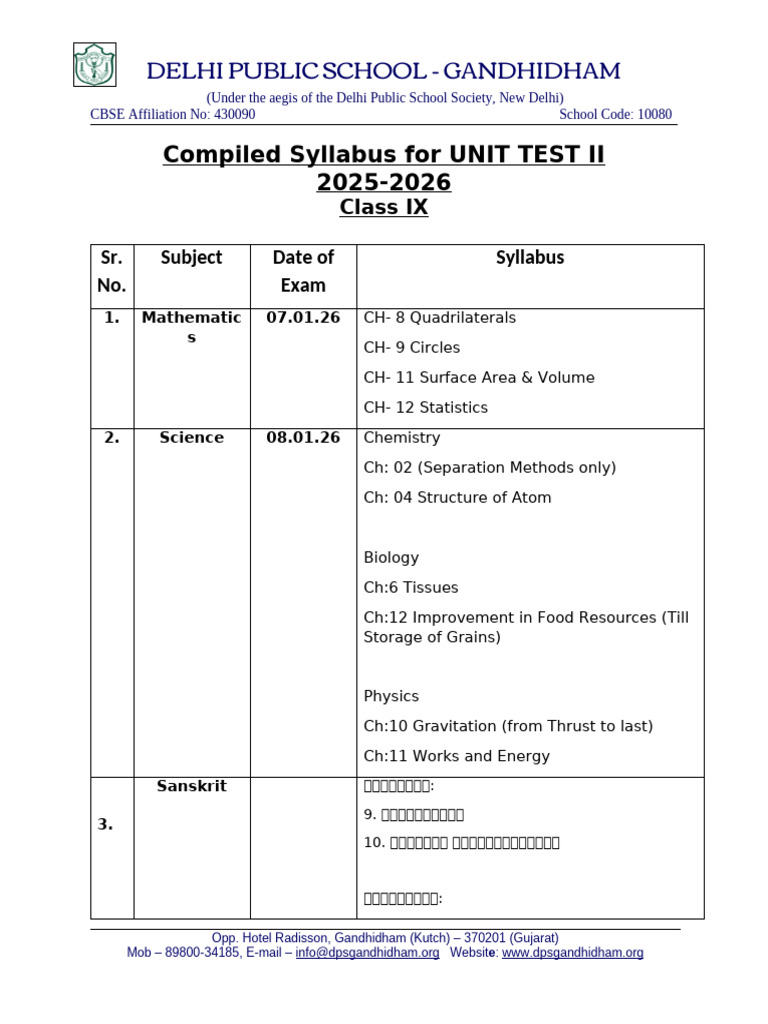 Compiled Syllabus Class IX UT II 25-26 | PDF