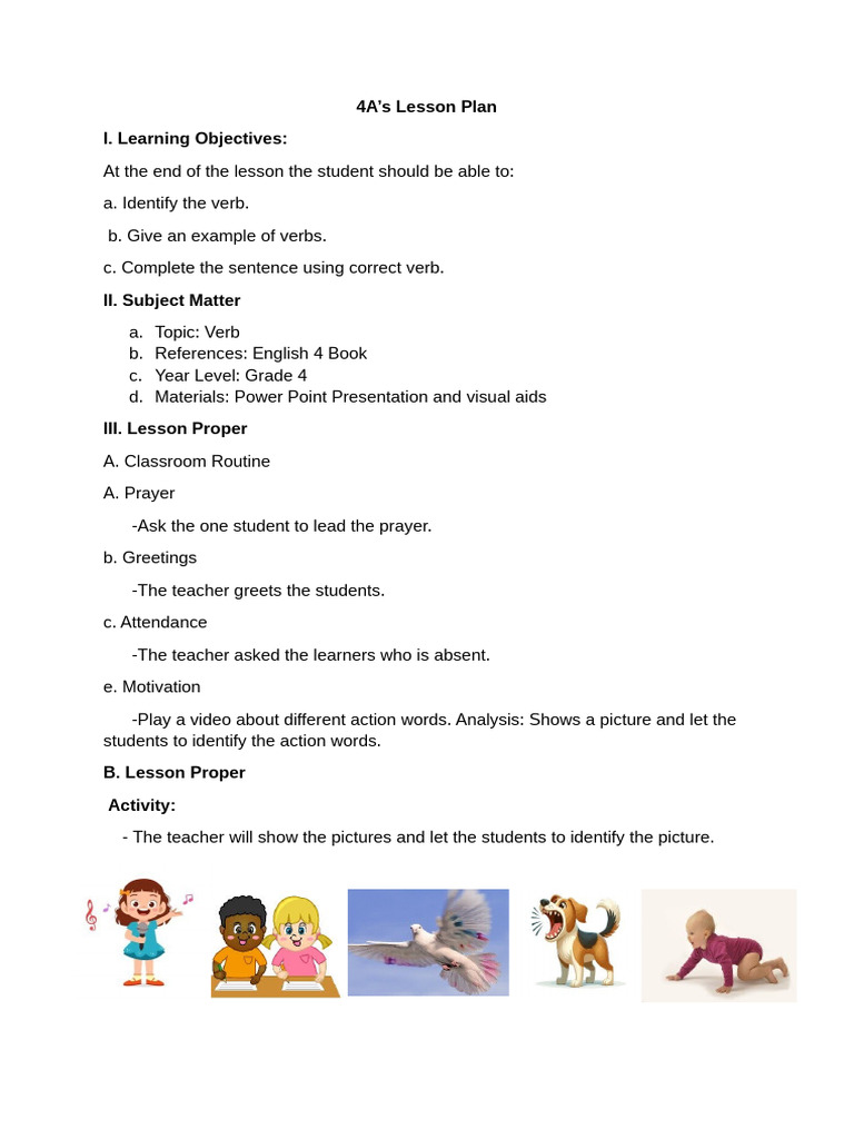 Grade 4 Verb Lesson Plan | PDF