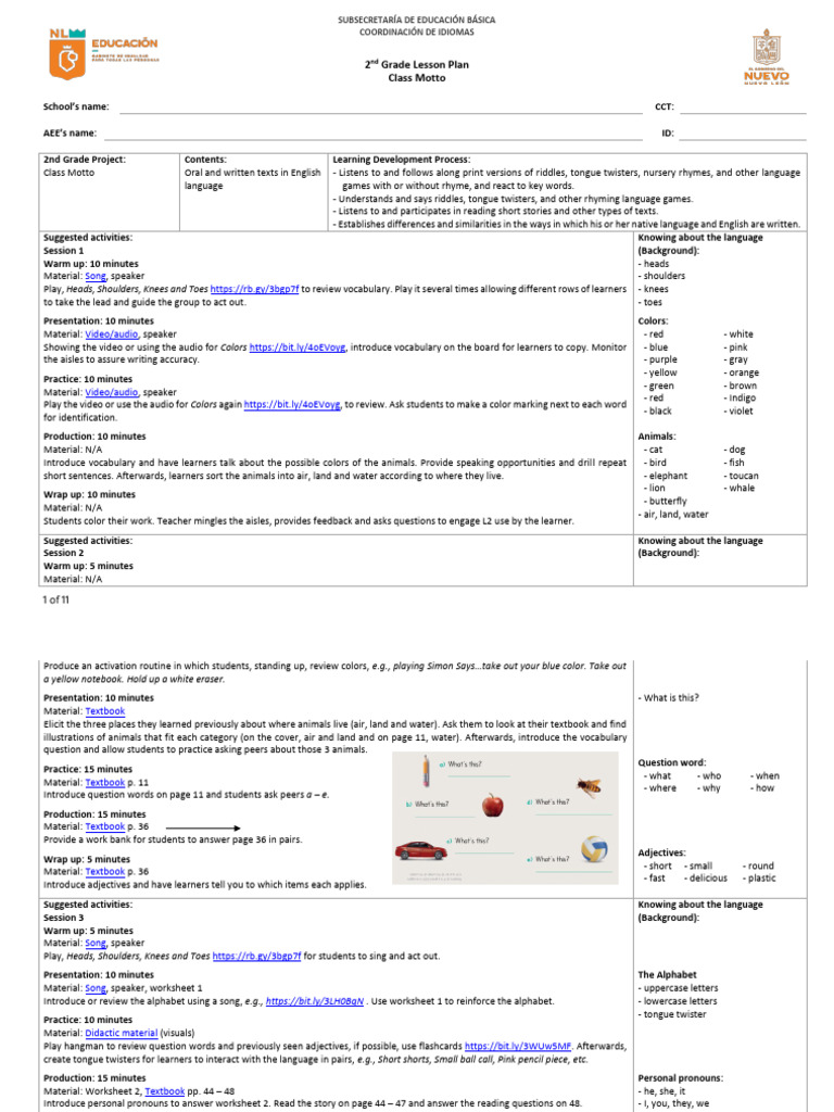 2nd Grade English Lesson Plan Guide | PDF | Vocabulary | Cognition