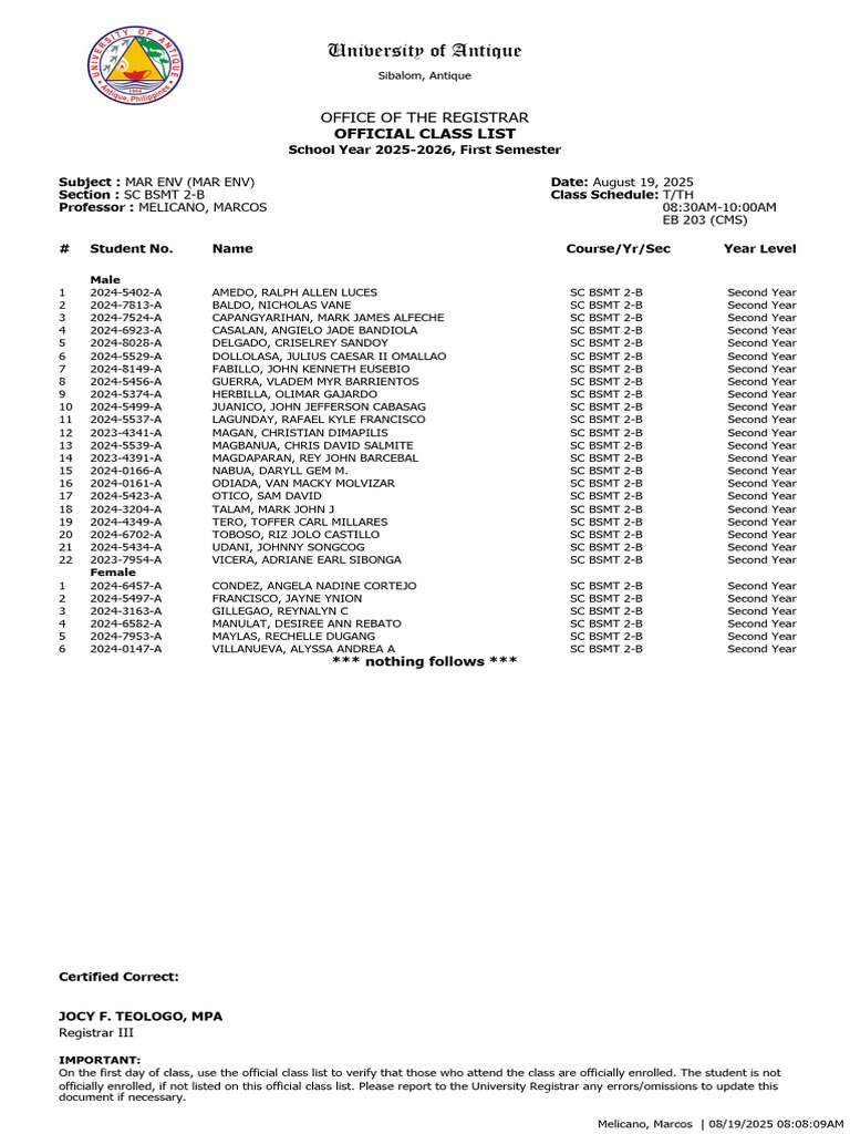 Official Class List for MAR ENV 2025-26 | PDF