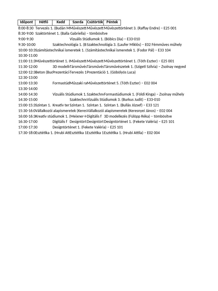 BA1 Orarend 2025 Osz | PDF