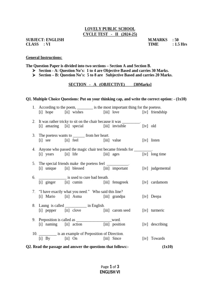 ENGLISH_CYCLE_TEST_II_CLASS__VI__2024_2025[1][1][1] | PDF