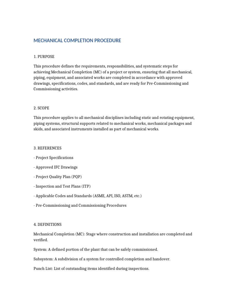 Mechanical Completion Procedure | PDF