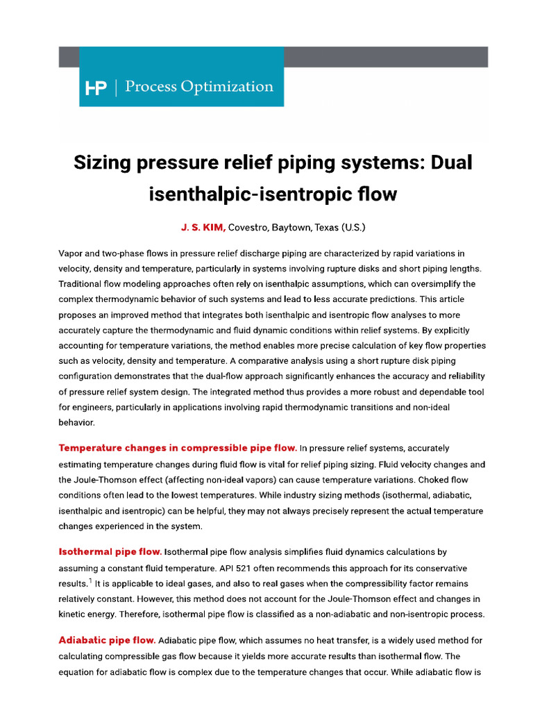 Sizing Pressure Relief Piping Systems Dual Isenthalpic-Isentropic Flow ...