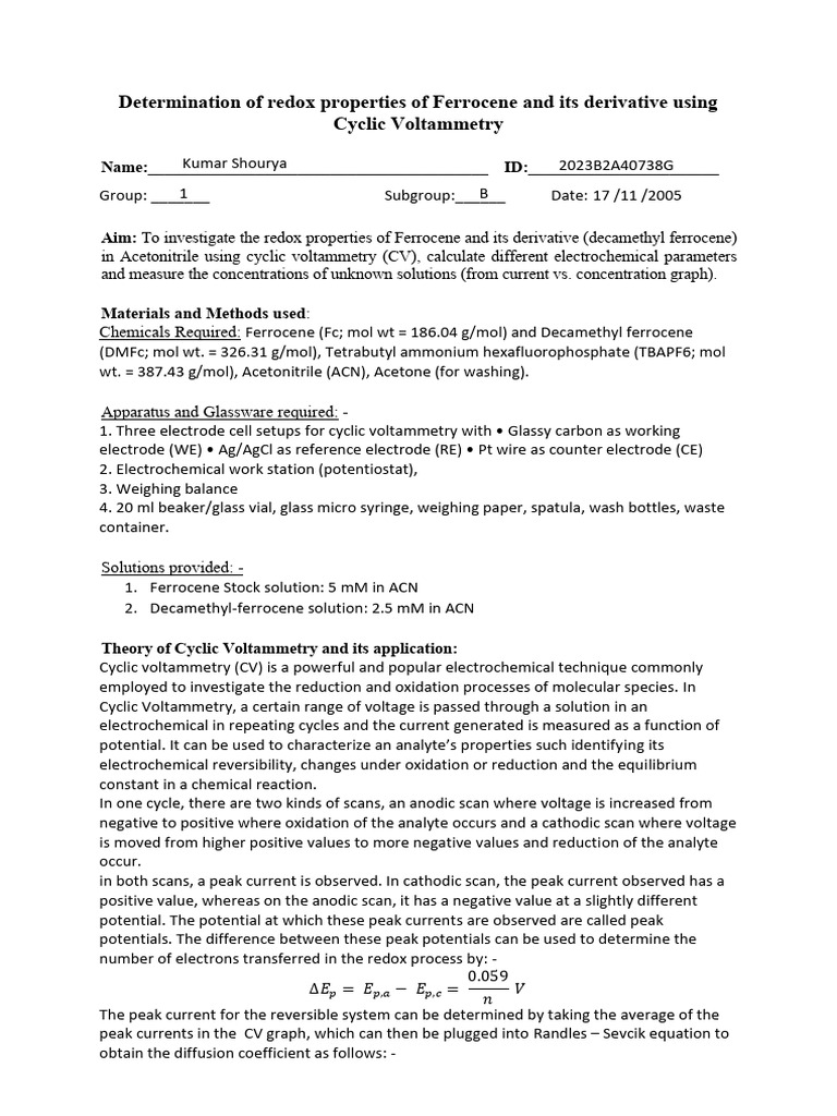 Cyclic Voltammetry Report by Kumar Shourya (17!11!2005) | PDF | Redox ...