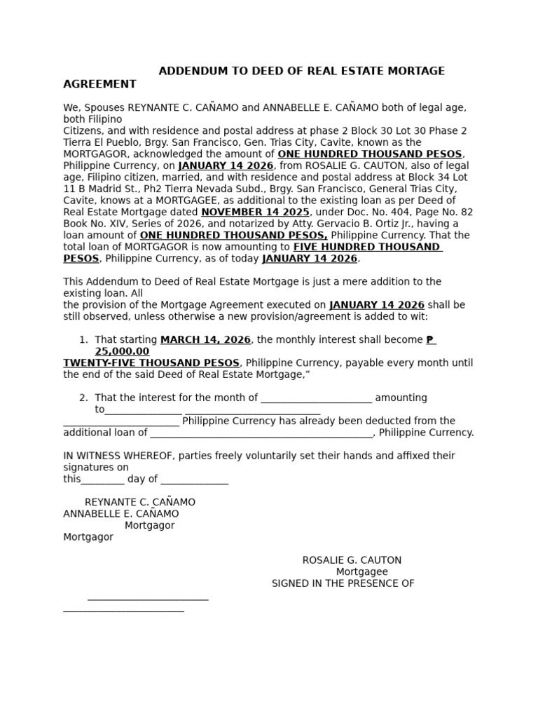 Addendum to Real Estate Mortgage Agreement | PDF