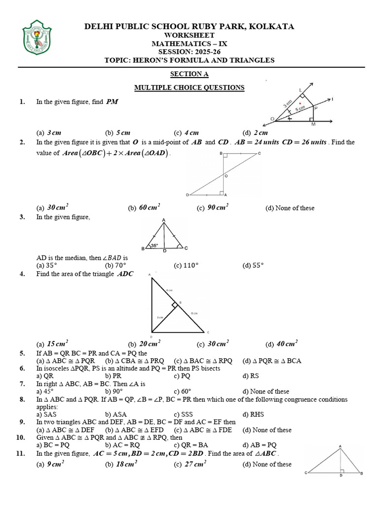 Worksheet IX Herons Formula and Triangles | PDF | Area | Triangle