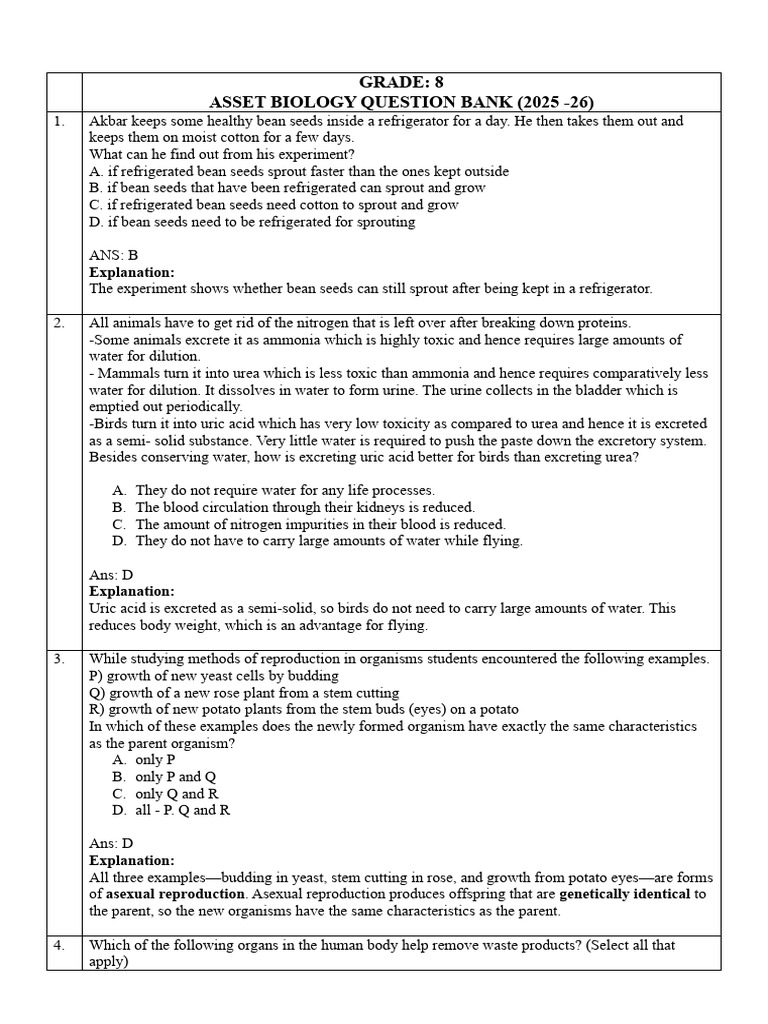 Grade 8 Biology Question Bank 2025-26 | PDF | Ruminant | Digestion