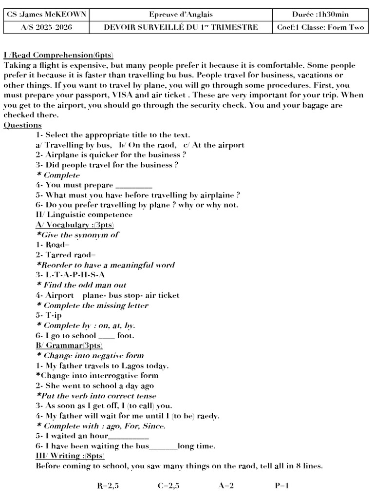 English Exam: Air Travel Comprehension | PDF